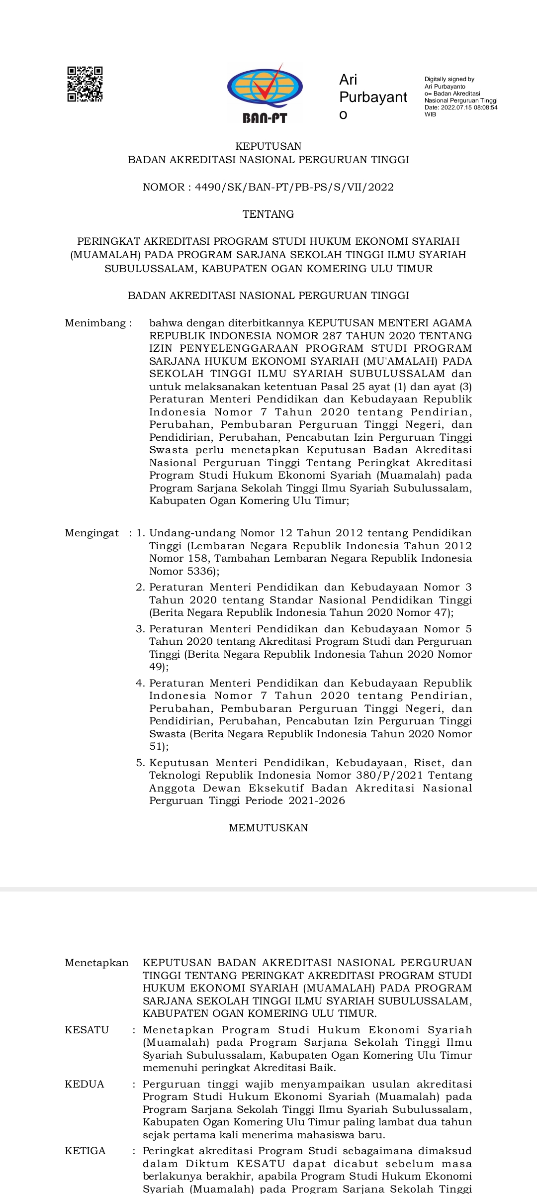 Program Studi Hukum Ekonomi Syariah Terakreditasi BAN-PT Peringkat BAIK ...